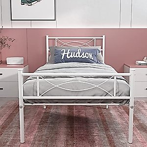 Weehom Twin Bed Frames No Box Spring Needed Easy Assembly Metal Platform Twin Bed Frame with Headboard & 12.7inch Underbed Storage White