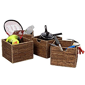 Trademark Innovations 12.7" Foldable Seagrass and Banana Leaf Storage Basket with Iron Wire Frame (Set of 4)