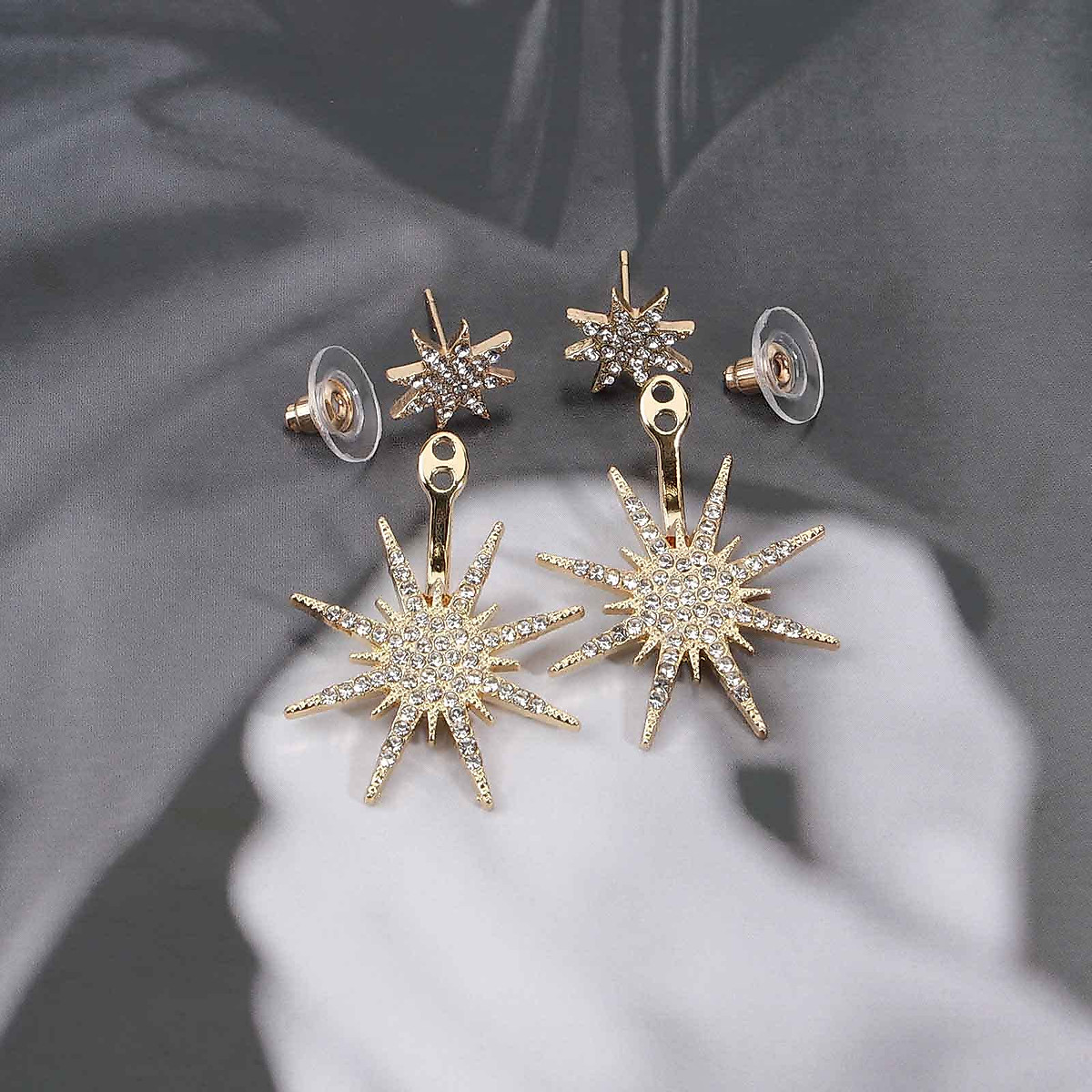 Yheakne Starburst Jacket Earrings Gold Rhinestone Sun Earrings Front Back Studs Earrings Boho Celestial Earrings Jewelry for Women and Girls Gifts (Gold)