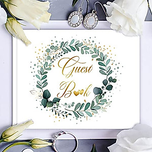 Wedding Guest Book 120 Pages Guest Sign in Book Guest Registry Guestbook White Cover with Gold Foil Guest Book, 6.7 x 8.7 Inches Hardbound (Leaf Style)