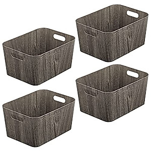 mDesign Wood Print Food Bin Box with Handles - Rustic Basket for Kitchen and Pantry Vegetable and Potato Storage - Perfect for Garlic, Onions, Fruit, and More - 16" Long - 4 Pack - Black