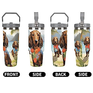 30oz Stainless Steel Insulated Tumbler with Flip Lid & Straw, Leakproof Travel Mug for Car, Dachshund Tropical Painting Art Double Wall Vacuum Thermal Coffee Cup with Handle, Spill-Proof Design for Ho