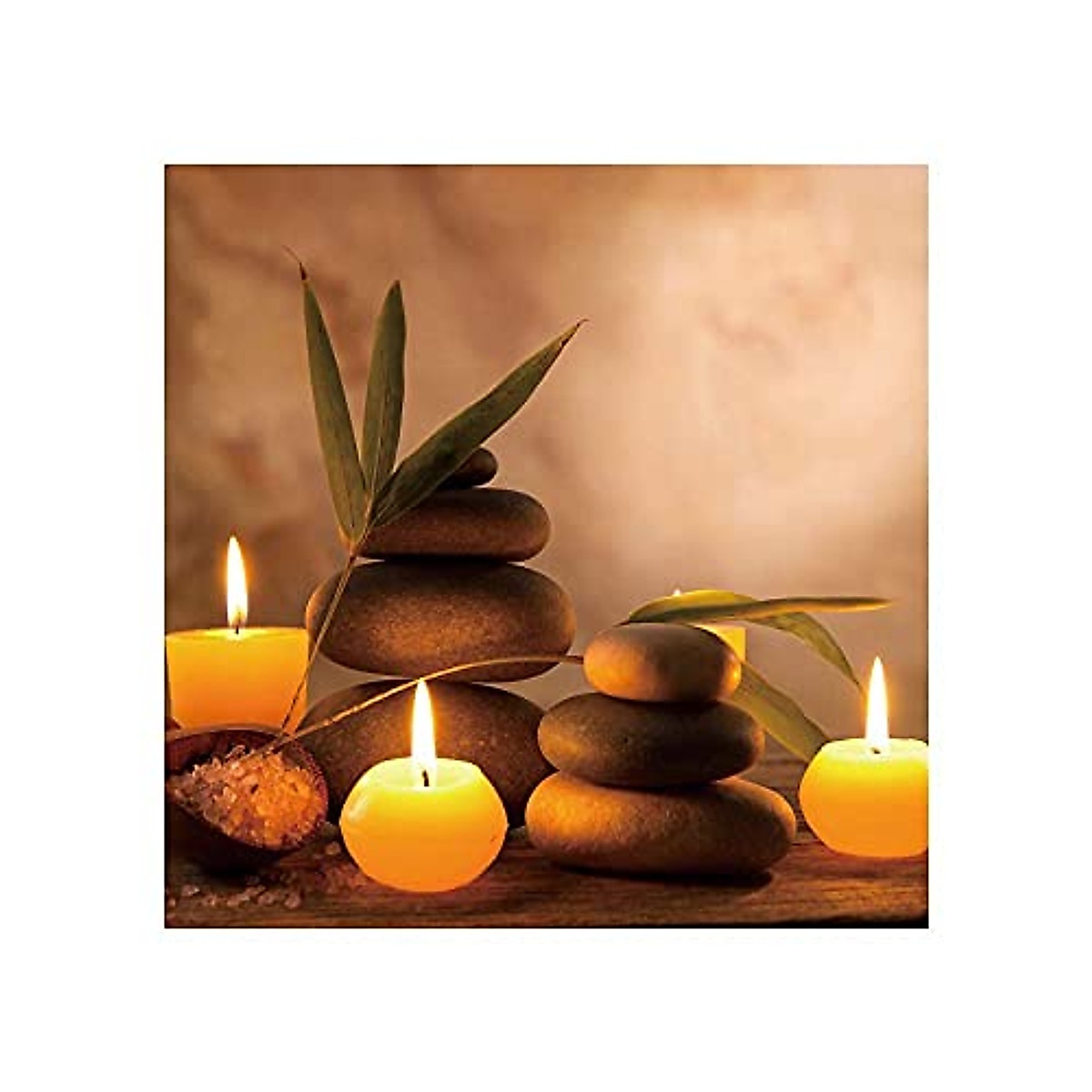 Renaiss 71x71 Inch Spa Zen Shower Curtain Basalt Stones Candle Bamboo Leaves Vintage Bath Curtain Meditation Relaxing Bathroom Cloth Fabric Bathroom Decor Set with Hooks Waterproof