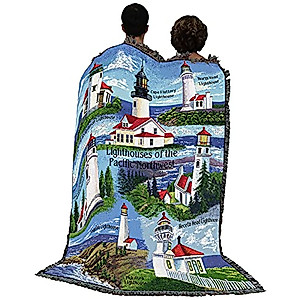 Lighthouses of the Pacific Northwest Blanket - Pt Robinson Umpqua River Noth Head Yaquina Cape Flattery Heceta Mukilteo - Coastal Ocean Gift Tapestry Throw Woven from Cotton - Made in the USA (72x54)