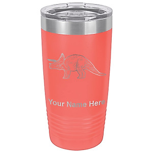 LaserGram 20oz Vacuum Insulated Tumbler Mug, Triceratops Dinosaur, Personalized Engraving Included (Coral)