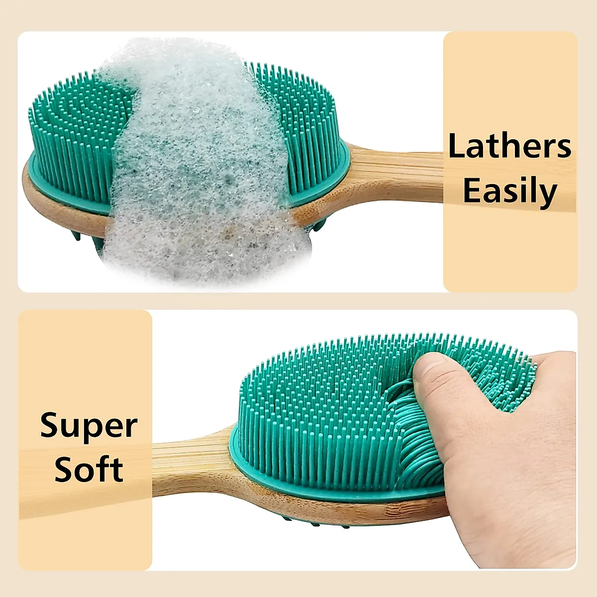 HONOMA Exfoliating Silicone Back Scrubber Brush with Long Handle,Easy to Clean,Bath Body Brush Lathers Easily, Long Lasting, and More Hygienic Than Traditional Loofah Mesh Sponge.