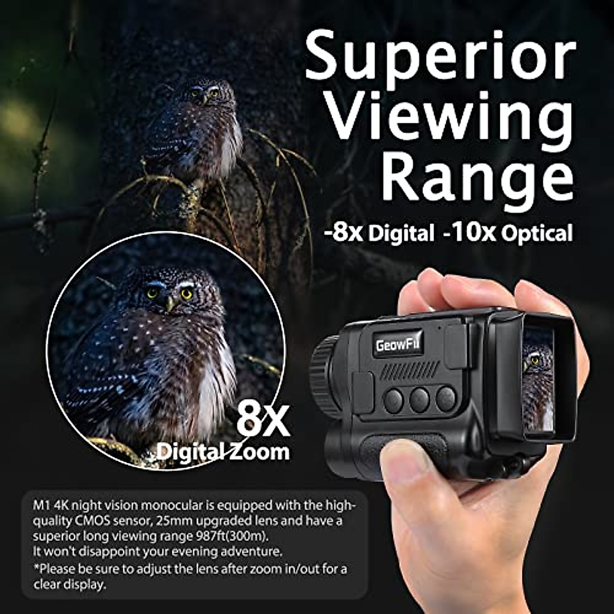 Night Vision Monocular, 4K Upgraded Digital Monocular with Night Vision, Infrared Goggles Binoculars with 8X Zoom 2000mAh Rechargeable Battery, for Adult Hunting Camping Travel, with 32GB Card