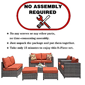 XIZZI Patio Furniture Set, No Assembly 9 PCS Big Size Outdoor Sectional Sofa All Weather PE Rattan Wicker Outdoor Furniture with 2 Pillows,Grey Wicker Orange Red