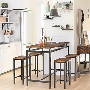 LinkRomat Dining Room Table Set, Bar Dining Table Set for 4, Industrial Kitchen Table with 4 Square Stools, 5 Piece Height Pub Dinner Table Set for 4, Bistro Table and Chairs for Small Spaces, Brown