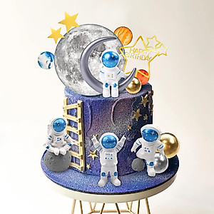 34 PCS Space Cake Toppers Outer Space Astronaut Figurines Planet Satellite Balls and Stars Kids Space Theme Decorations for Birthday Party Supplies Baby Shower (Planet)