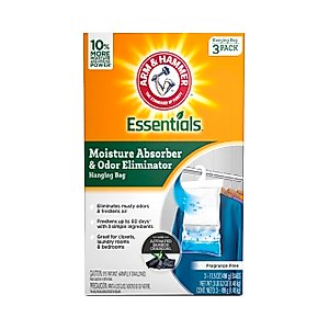 Arm & Hammer Essentials Hanging Moisture Absorber and Odor Eliminator, 17.5 oz., 3 Pack, Fragrance Free, Moisture Absorbers for Closets, Laundry Rooms and Bedrooms, Long-Lasting Freshness