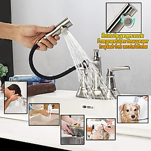 LEITECHUWEI Bathroom Faucet with Pull Out Sprayer for 3 Hole,4 Inch Centerset Utility Sink Faucet,Brushed Nickel Bathroom Sink Faucet for Vanity Faucet Lavatory Faucet Rv Faucet Indoor Outdoor Faucet