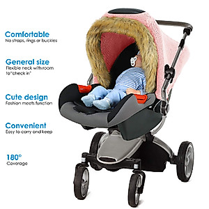 Yinuoday Baby Car Seat Cover with Faux Fur Hem Winter Knitted Stretchy Infant Stroller Cover Carseat Canopy for Boy Girl Indoor Outdoor