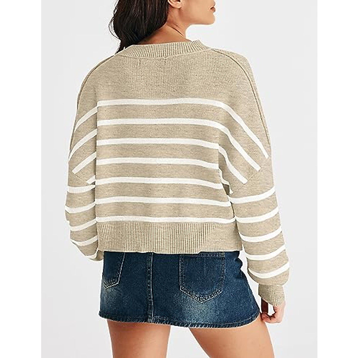 MEROKEETY Womens Striped Cute Trendy Going Out Side Split Pullover Sweater for Teen Girls, Oatmeal, Small