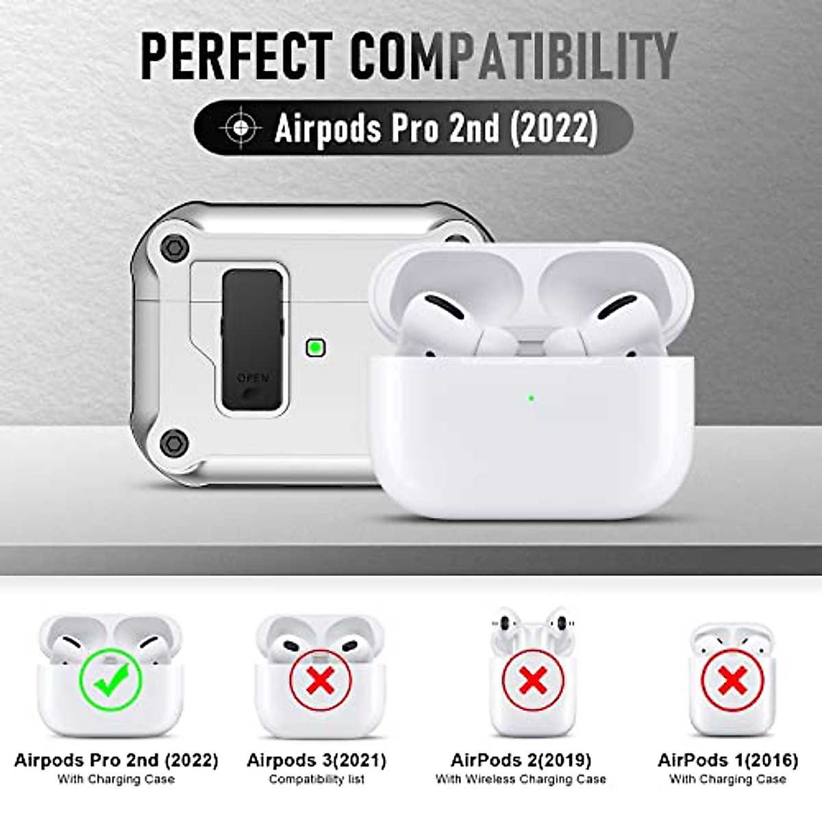 Youtec for Airpods Pro 2nd Generation Case Cover 2022 with Secure Lock Clip, Shockproof Hard Shell for Airpods Pro 2 Case with Keychain for Men Women Apple for Airpods Pro 2,White