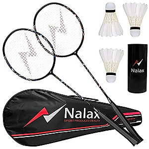 Nalax Badminton Set,2 Player Badminton Rackets Carbon Fiber Badminton Racquet with 3 Shuttlecocks and 1 Carrying Bag,Badminton Backyard Games for Outdoor,Garden,Beach,Family Fun Game