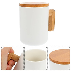 Veemoon Flat Bottom Coffee Mug with Wood Lid, 380 ML Ceramic Cup for Coffee Warmer, Keeps Warm for Tea, Cocoa, Milk and Hot Beverage