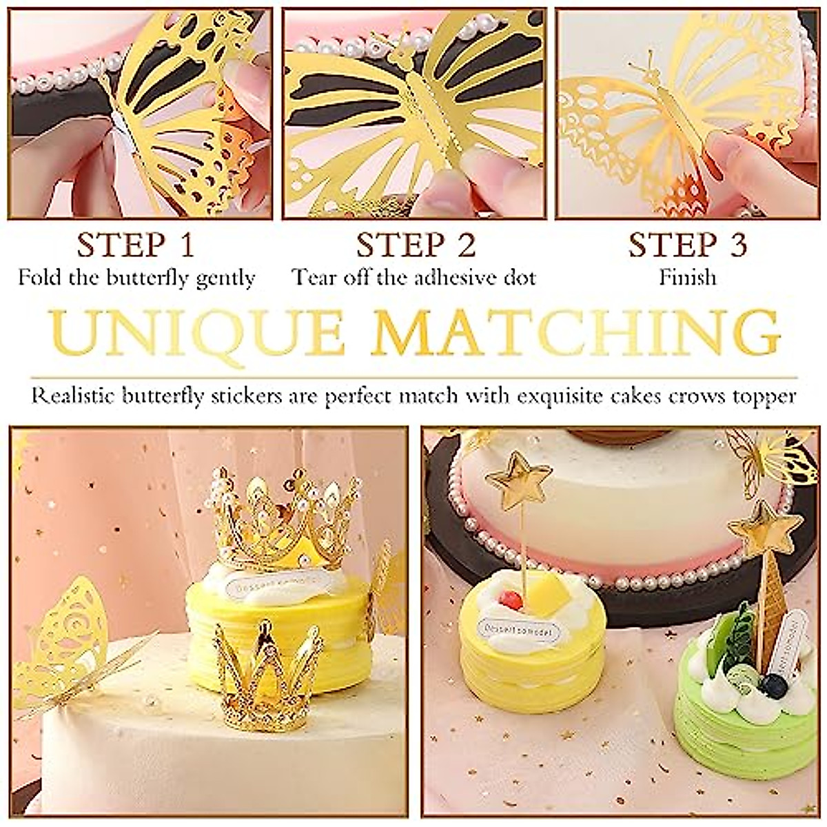 135 Pcs Flower Bouquet Accessories 5 Pcs Crown Cake Topper 60 Pcs 3D Gold Butterfly 50 Pcs Corsage Bouquet Pins with 20 Pcs Cake Toppers Floral Arrangements for Festival Wedding Birthday Party