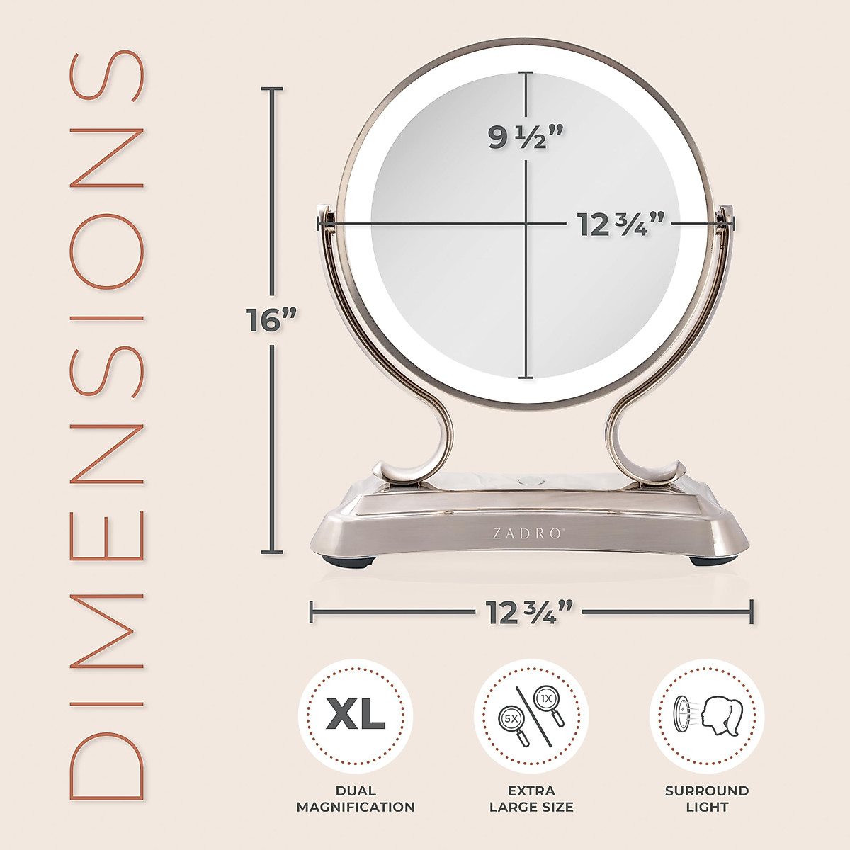 Zadro 12" Glamour LED Makeup Mirror with Lights and Magnification 5X/1X Touch Control Mirror with Lights for Makeup Desk (Satin Nickel)