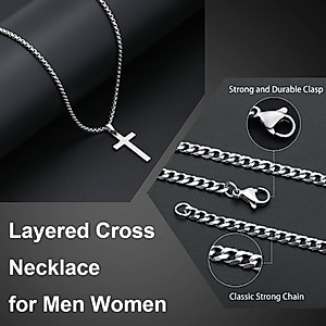 Silver Cross Chain Necklaces for Men, Stainless Steel Cuban Link Cross Necklace Silver Chain Cross Pendant Necklace for Men Women Boys Simple Jewelry 18 Inches