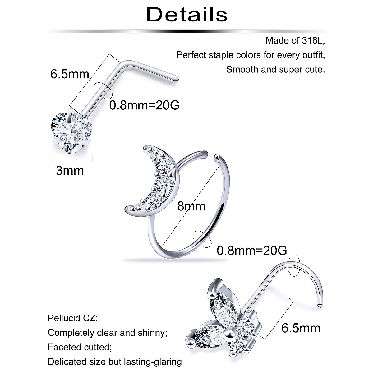 Oicctyzio Nose Rings Hoops Piercings for Women Studs Piercing Jewelry Surgical Stainless Steel 20g Corkscrew l Shaped Screw Shape Cork Bar Big Dainty Curved Stuf 20 Gauge Butterfly Opal Heart