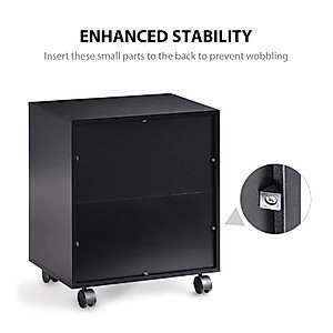 FITUEYES Printer Stand with Adjustable Storage Shelves, Mobile Black Wood Work Cart on Wheels, Rolling File Cabinet with Door for Home Office, PS404801WB