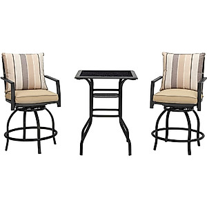 LOKATSE HOME 3 PCS Patio Bistro Furniture Set with 2 Swivel Height Chairs & 1 Square Classic Black Table for Garden, Backyard, Porch, Deck, Beige