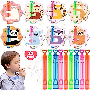 SURCVIO Valentines Day Gifts for Kids, 32 Pack Mini Bubble Wands with Valentines Animal Themes Greeting Cards for Kids, Valentine's Day School Prize Party Favor, Classroom Exchange Gift Set