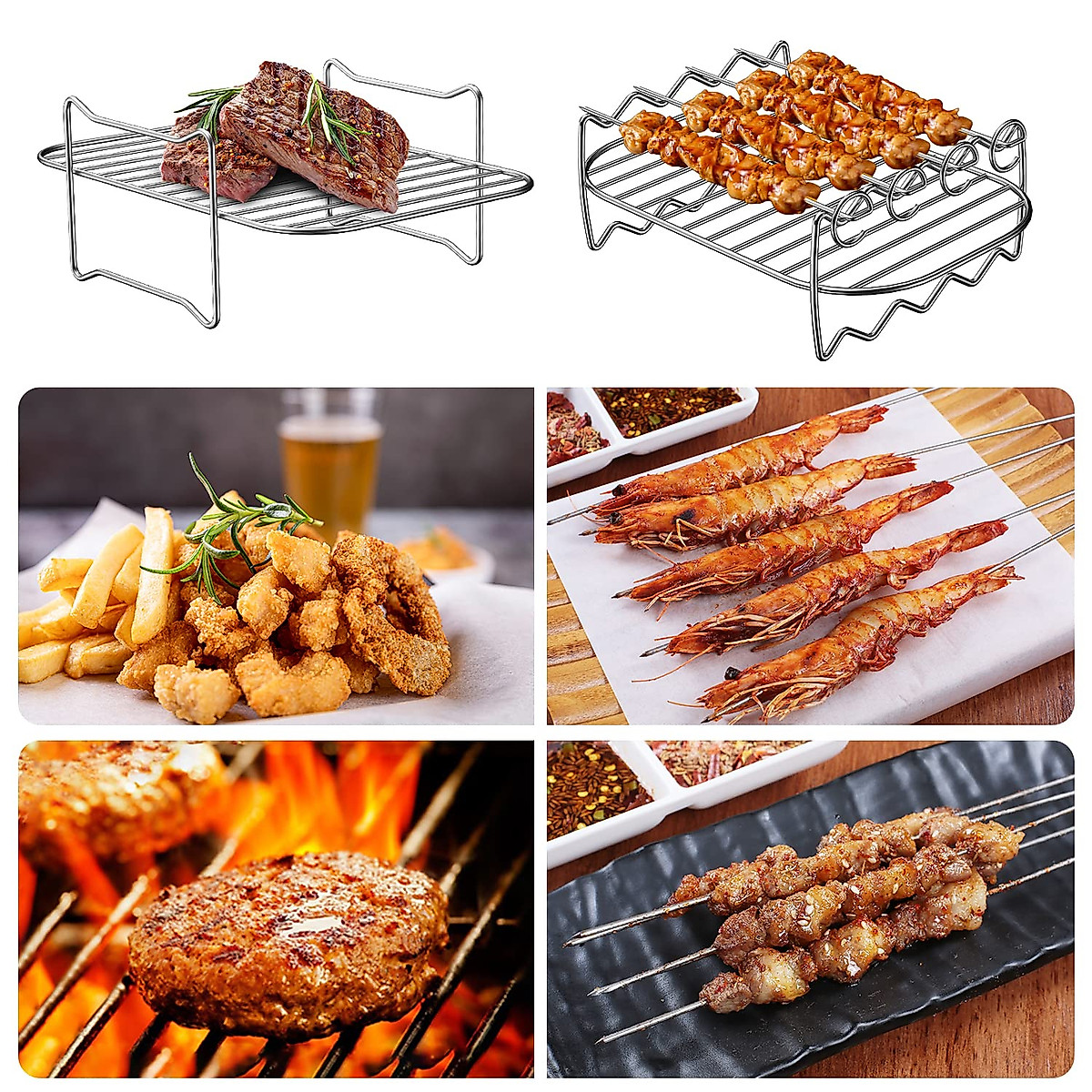 MFTEK Air Fryer Rack Set Of 2 for Dual Basket, Air Fryer Accessories Dehydrator Rack, Multi-purpose Double Layer Rack with Skewer, Compatible with Double Basket Air Fryers Ninja Foodi DZ201/401
