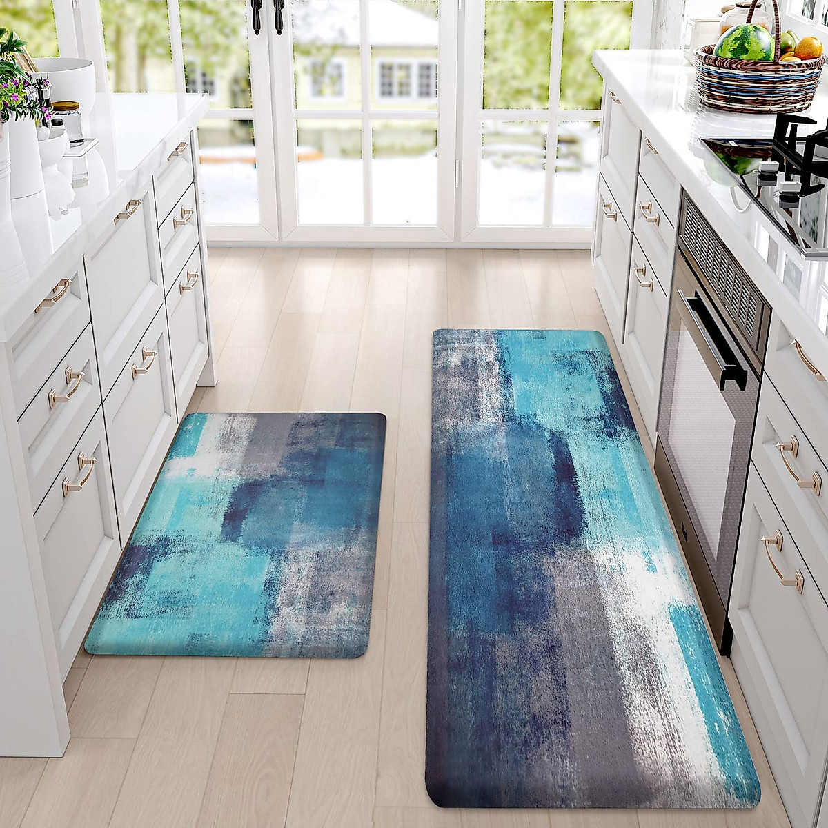 ASPMIZ Kitchen Mat 2 PCS - Cushioned Anti-Fatigue Kitchen Rugs Non Slip Memory Foam Kitchen Mats and Rugs Turquoise Kitchen Floor Comfort Mats for Home, 18'' x 48'' + 18'' x 30'', Beveled Edge