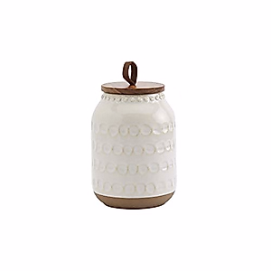 Tabletops Gallery Ceramic Canister Collection- Stoneware Designed Kitchen Storage Embossed Acacia Wood White Set, 3 Piece Embossed Ziggy White Canister Set