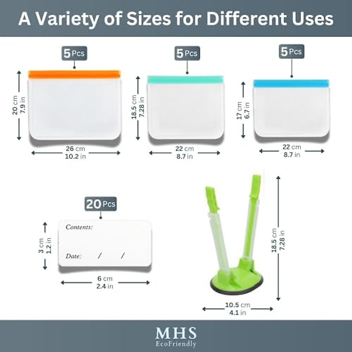 MHSEcoFriendly Meal Prep Storage Kit - 15 Reusable Freezer Bags, Baggy Rack, & 20 Strong Freezer Labels | BPA-Free, Leakproof, & Multipurpose Food Storage