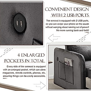 Velvet Pull Out Sleeper Sofa Bed with USB Ports, Convertible Futon Couch with Adjustable Backrest, 3 in 1 Modern Loveseat with 2 Pockets and Pillows, Small Love Seat for Living Room, Office, Dark Grey