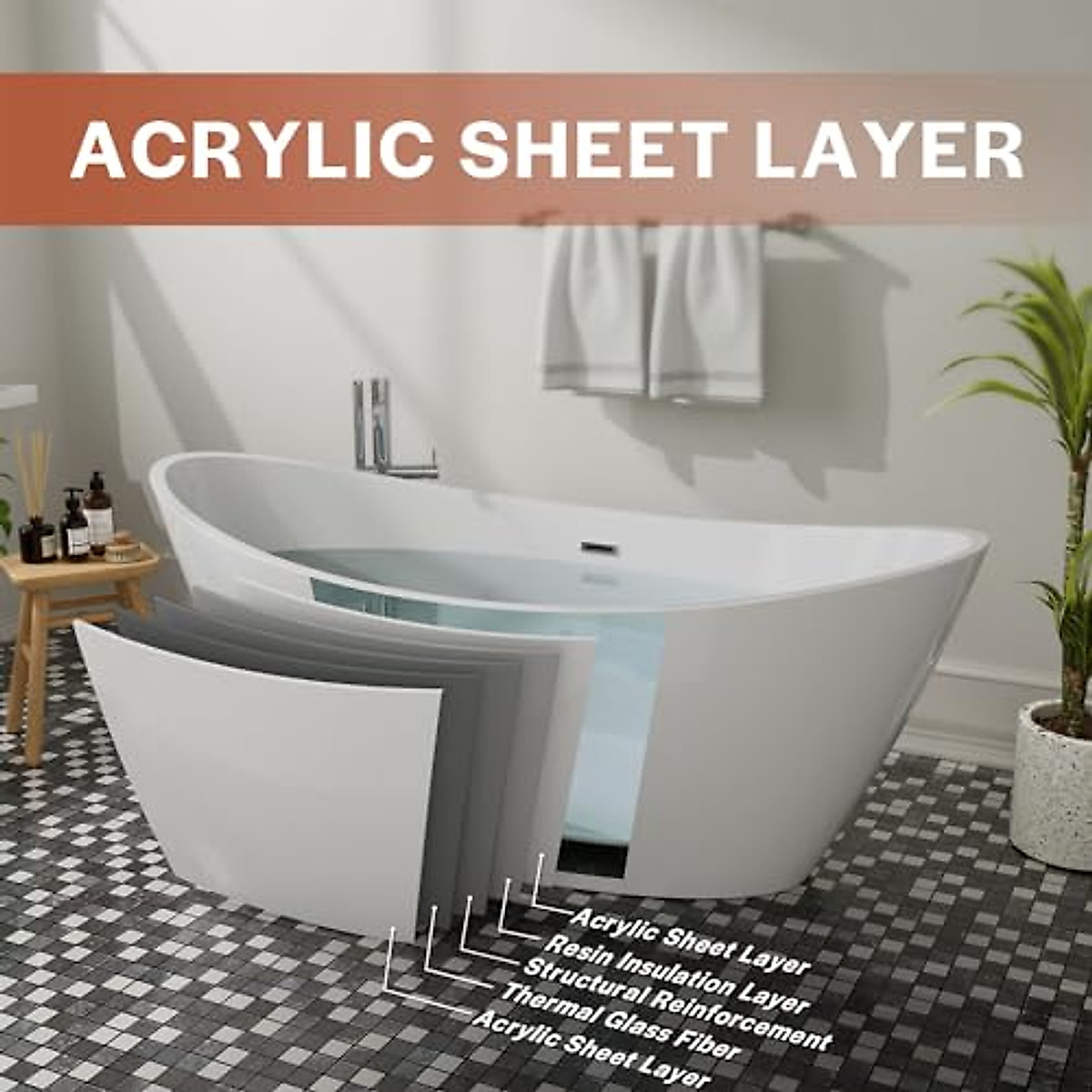 Empava 67" Acrylic Freestanding Bathtub Soaking SPA Tub Modern Stand Alone Bathtubs in White SA1518