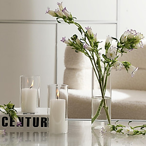 UDU Set of 12 Pillar Candles and 12 Hurricane Candle Holders, Slim Pillar Candle Holder for Pillar Candles, Cylinder Vases for Centerpieces Wedding Table Party Home Decor(2.6" X 4.7", 5.9", 7.9")