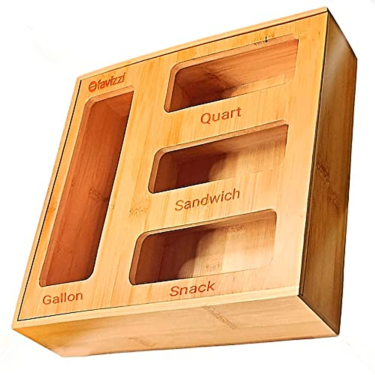 Favizzi Drawer Storage Organizer for Ziploc Bags, Premium Bamboo Kitchen Drawer Bags Organizer and Dispenser, Fits Gallon, Quart, Sandwich and Snack Bags