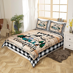 Camp Travel Car Duvet Cover Balck and White Buffalo Plaid Queen Bedding Sets for Girls, Camping Decor for Camper Comforter Cover, Vintage Brown Barn Door Plank Cottage Cabin Farmhouse Decor