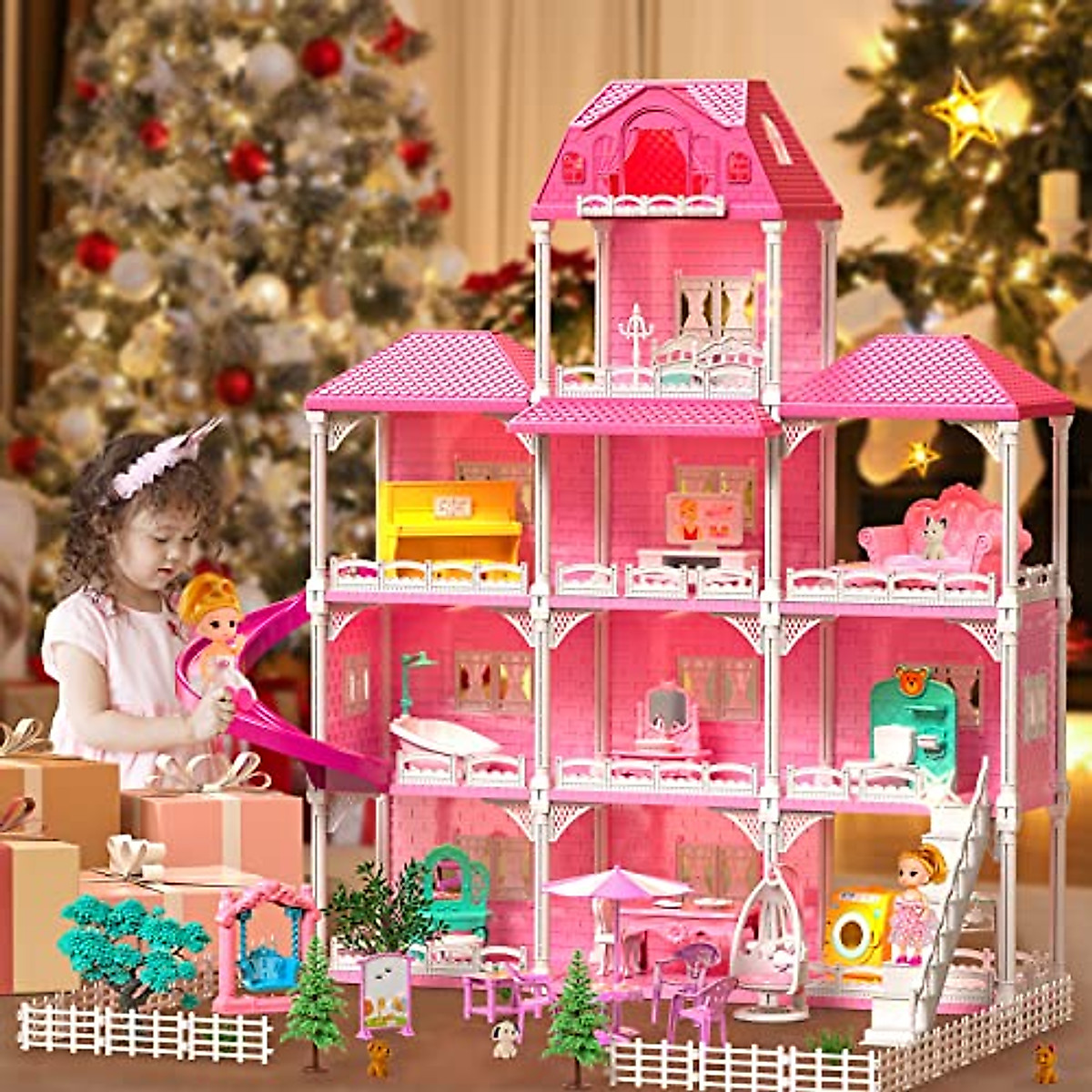 TEMI Dream Doll House for 3 4 5 6 7 8 Year Old Girls Toy - 4-Story 10 Rooms Dollhouse 7-8 with 2 Toy Figures, Furniture and Accessories, Pretend Play House for Kid Ages 3+