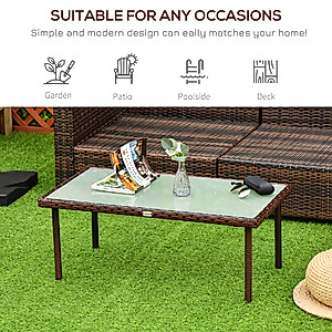 Outsunny Patio Wicker Dining Table, Outdoor Rattan Coffee Table with Glass Top for Garden, Patio, or Backyard, Deep Coffee