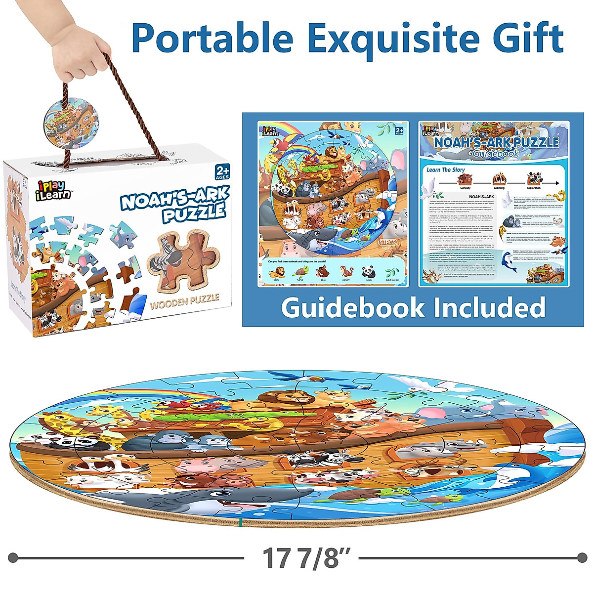 iPlay, iLearn Toddlers Noah's-Ark Wooden Animal Puzzles, Kids Floor Puzzles for Ages 3-5, 4-8, Large 51 Pieces Round Jigsaw Puzzle Educational Toys, Birthday Gift for 6 7 Years Old Boys Girls Children