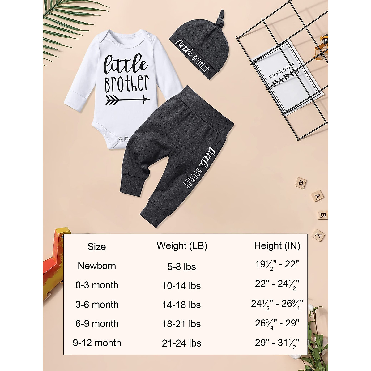 AGAPENG Newborn Boy Outfits Infant Boy Clothes Little Brother Outfit Long Sleeve Romper Pants with Hat Newborn Baby Boy Clothes