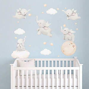 Runtoo Elephant Wall Decal Kids Animals Art Wall Stickers Baby Nursery Bedroom Space Wall Décor