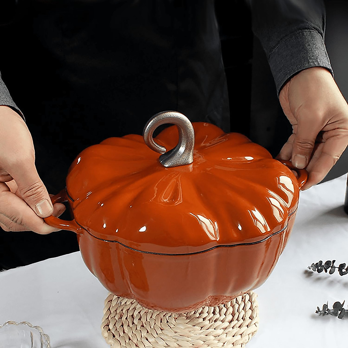 Pumpkin Cast Iron Enamel Stew,Pumpkin Cast Iron Dutch Oven,3.7l Pumpkin Pot Casserole with Lid and Handles,Non-Stick Stew Pot Soup Pot Halloween Cooking Pot for Soup Porridge Stew Gift,Orange