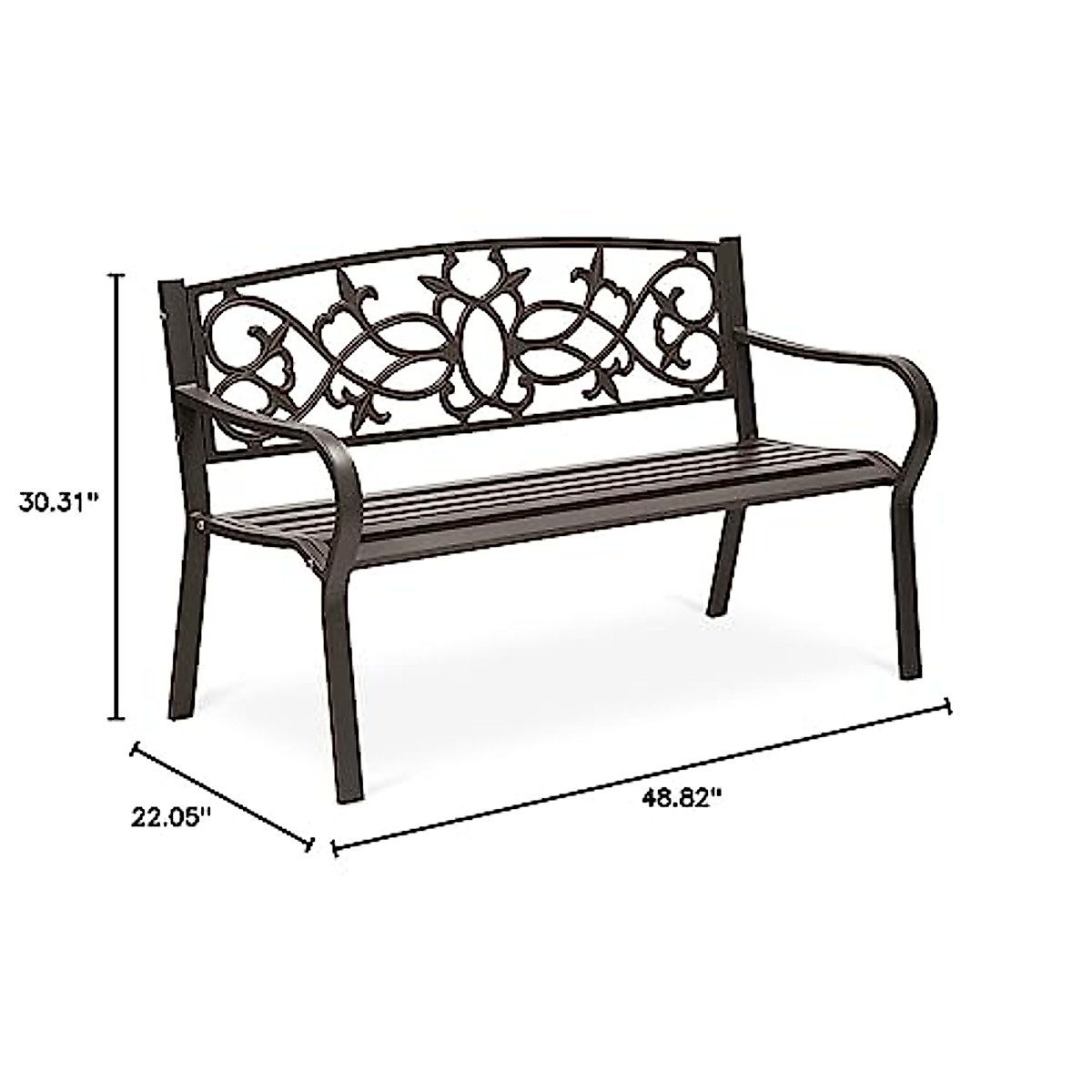 Outogether Steel Bench Metal Bench for Outdoor, Garden Bench for Patio Porch Backyard, Floral Design Backrest Slatted Seat (Brown)