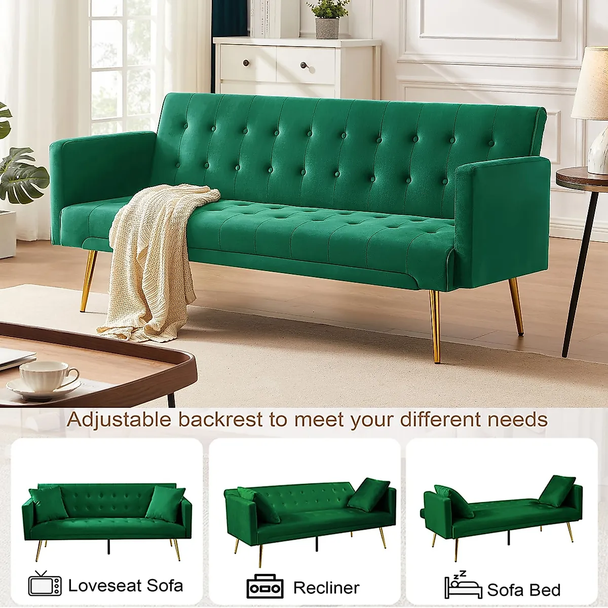 72"Modern Velvet Sofa Bed Futon,Convertible Folding Sleeper Bed Couches with 3 Adjustable Backrests,Tufted Recliner Love Seat with Golden Chrome Legs for Living Room Apartment Home Office (Green)