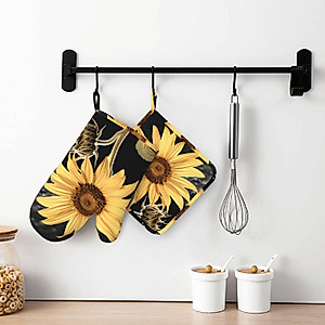 Sunflower Printed Oven Mitts and Pot Holders Sets Heat Resistant Kitchen Oven Gloves Potholders Set Extra Long Non-Slip Silicone Gloves for Cooking Baking BBQ