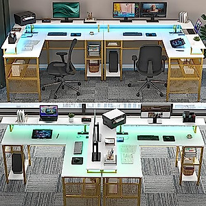 Unikito L Shaped Desk with LED Strip and Power Outlets and Rolling Printer Stand with LED Lights File Cabinet, Home Office Desk and Lateral Office Storage Filing Cabinet, White