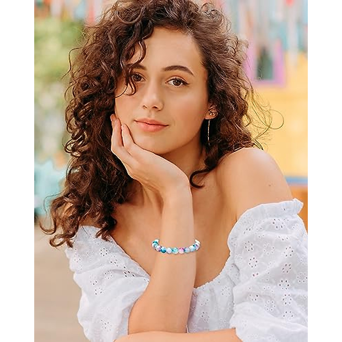 BOMAIL 5PCS Semi-Precious Gemstone Bracelet - Gemstones Crystal Beaded Bracelets for Women Reiki Healing Stone Stretch Bracelet 8mm Round Beaded Bracelets Gifts