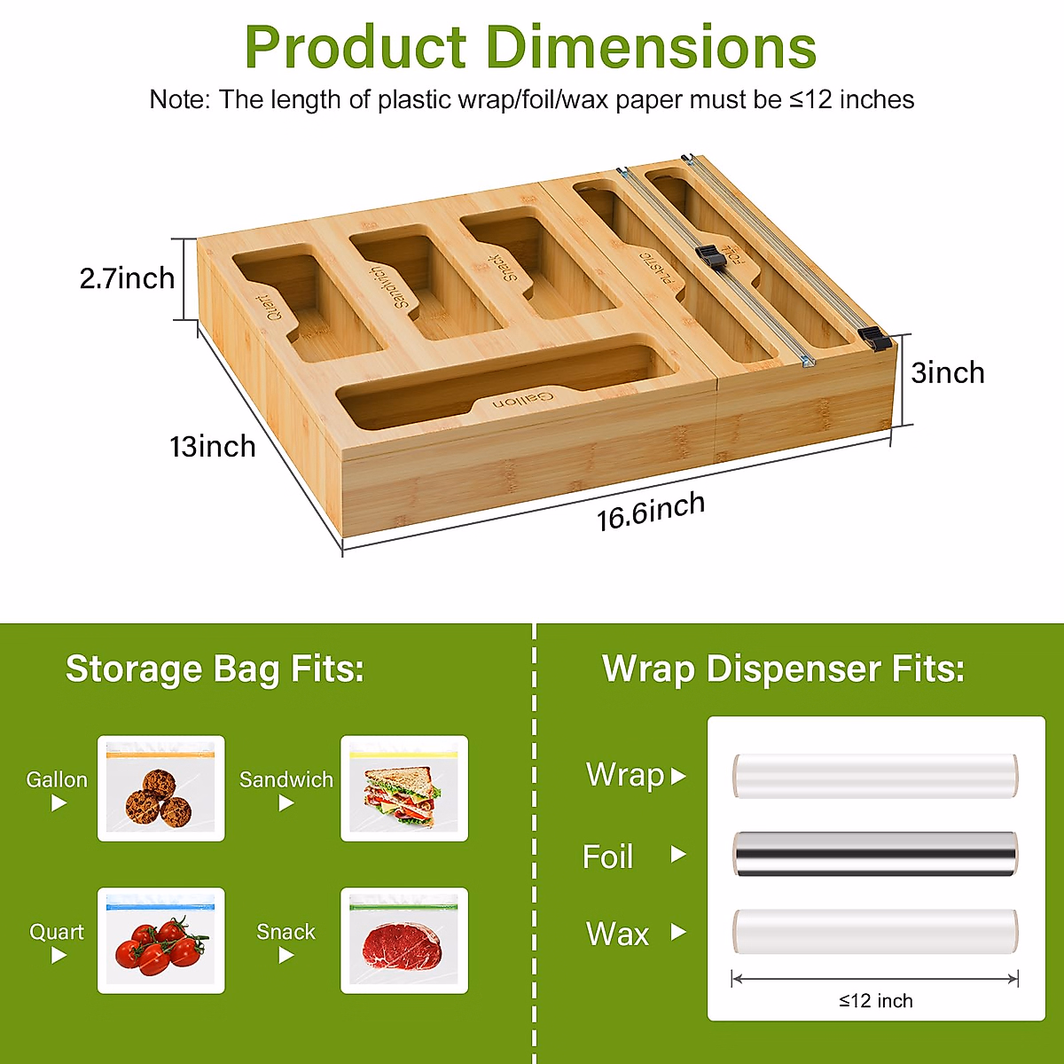 KOCWELL Bamboo Bag Storage Organizer - 2 Wrap Dispenser with Cutter & 4 Slots Food Storage Bags Container - Kitchen Drawer Plastic Bags Storage Organization for Gallon Quart Sandwich Snack Bags
