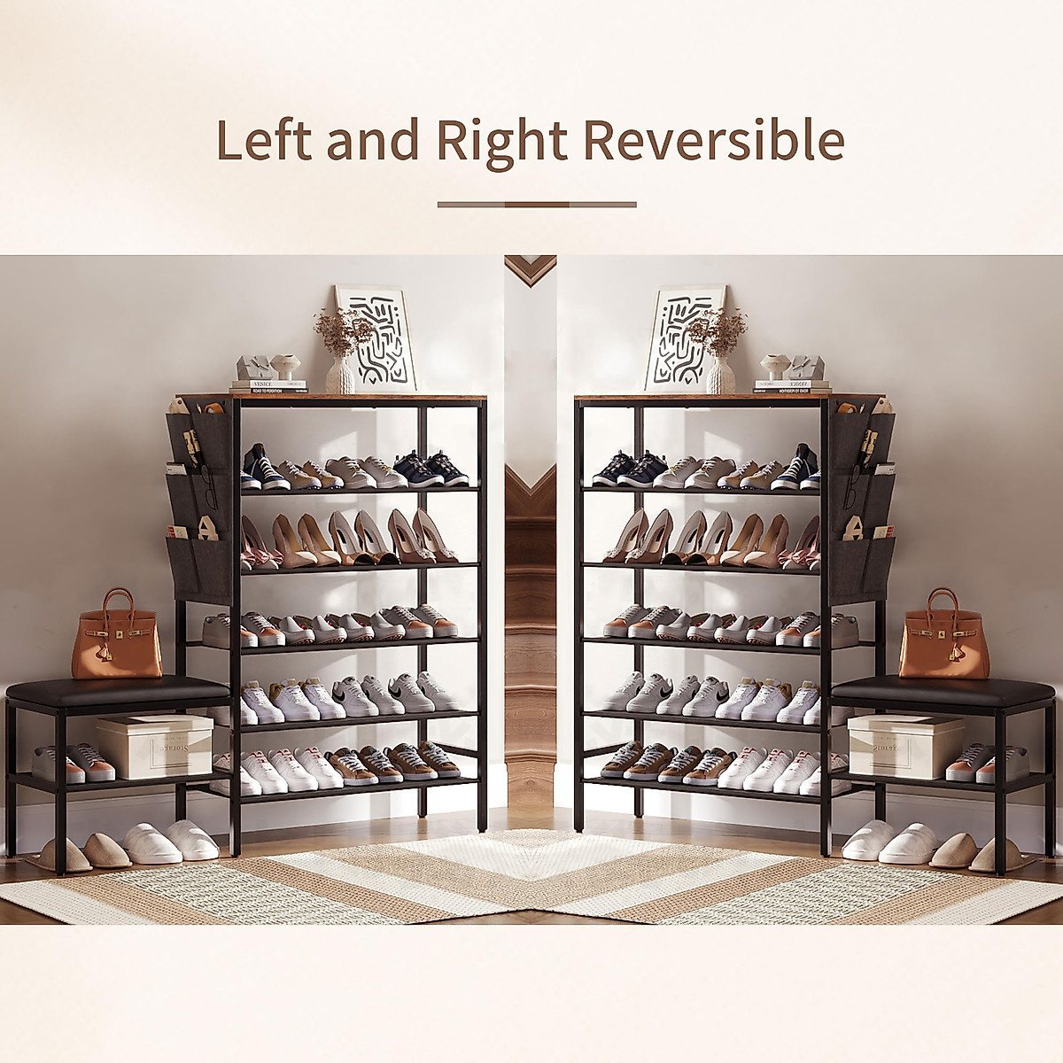 FURKO Shoe Rack with Seating Bench,Shoe Storage Organizer for Entryway,Large Capacity 6-Tier Shoe Shelf,Steel Frame Wood Top,for Closets, Hallway,47.6 * 11.8 * 43.8 Inches, Rustic Brown